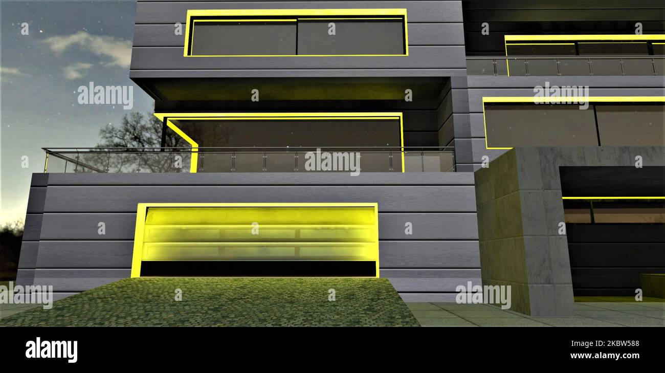 Entrance to the garage of a private country house with yellow light ...