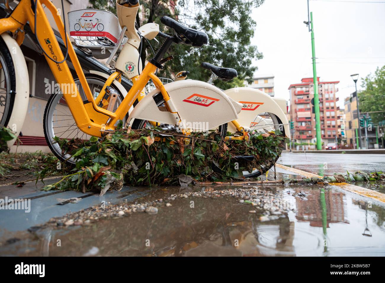 A damaged bike during storm and flooding of the Seveso river on July 24 ...