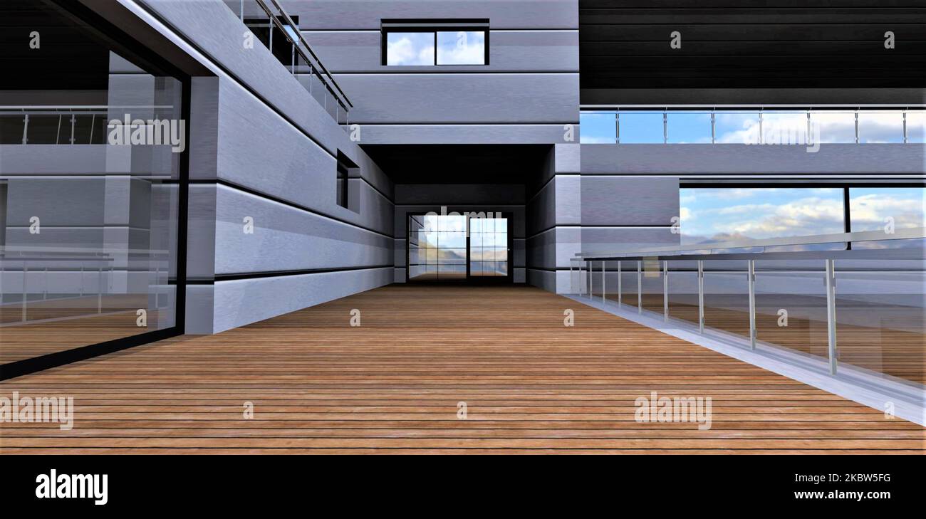 Wooden deck with glass railing. Ahead is a stylish front swing door to ...