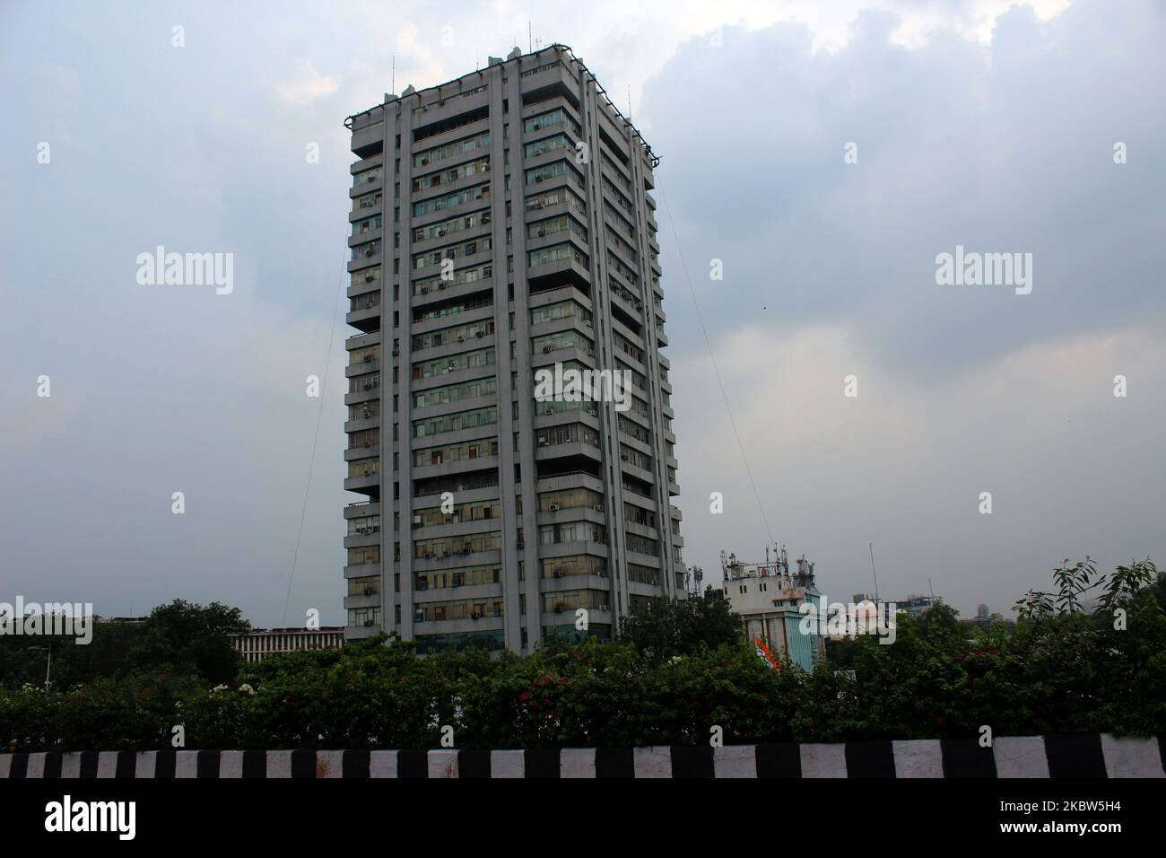 A view of Vikas Minar near ITO as the clouds gather before rain during ...