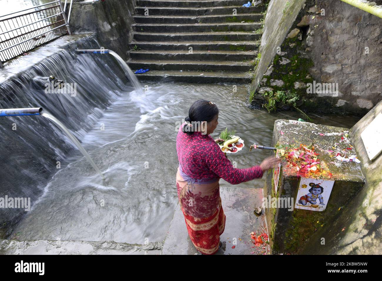 A Nepalese devotee offering ritual prayer towards Nag or Snake God at ...