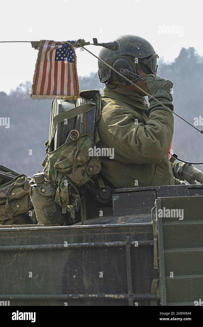 US Military tank driver wait for next order during an joint exercise ...
