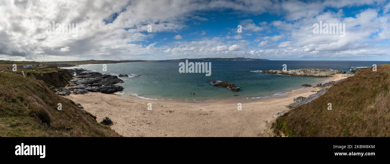 panorama landscape view of Gwithian Beach and St. Ives Bay in northern ...