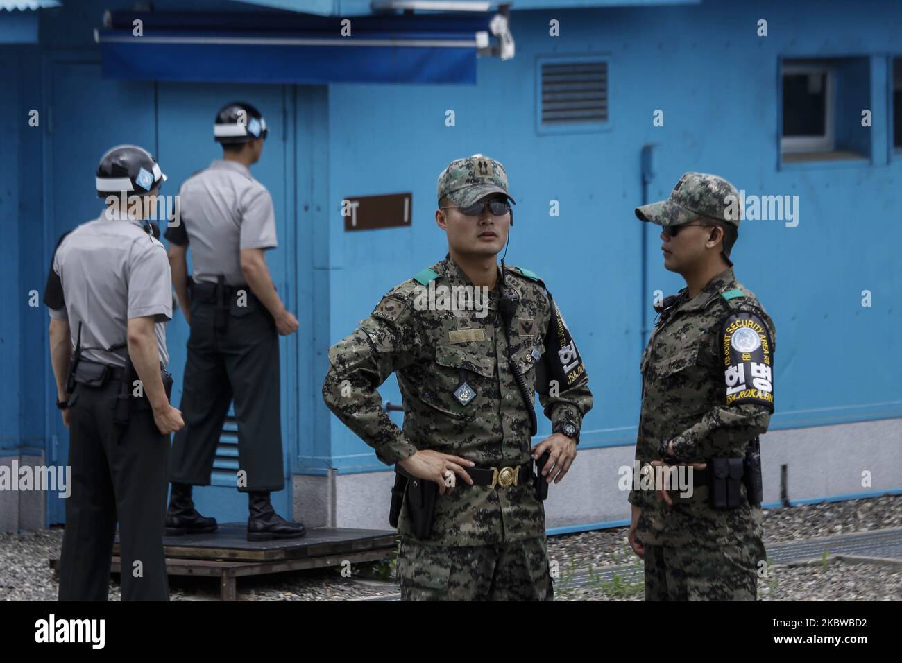 July 23, 2014-Paju, South Korea-South Korean soldiers stand guard to ...