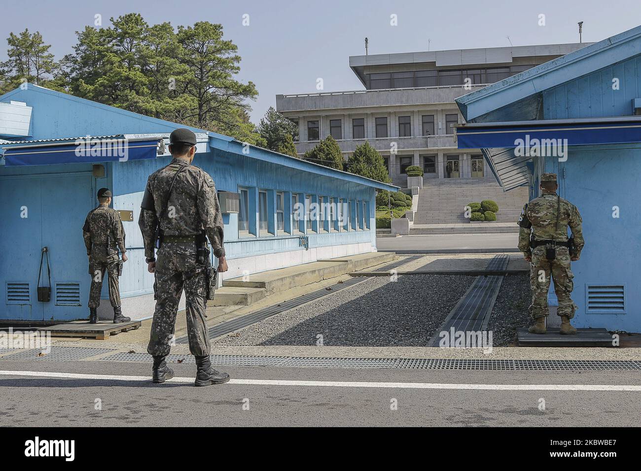 April 18, 2018-Pamunjom, South Korea-North Korean security guard stand ...