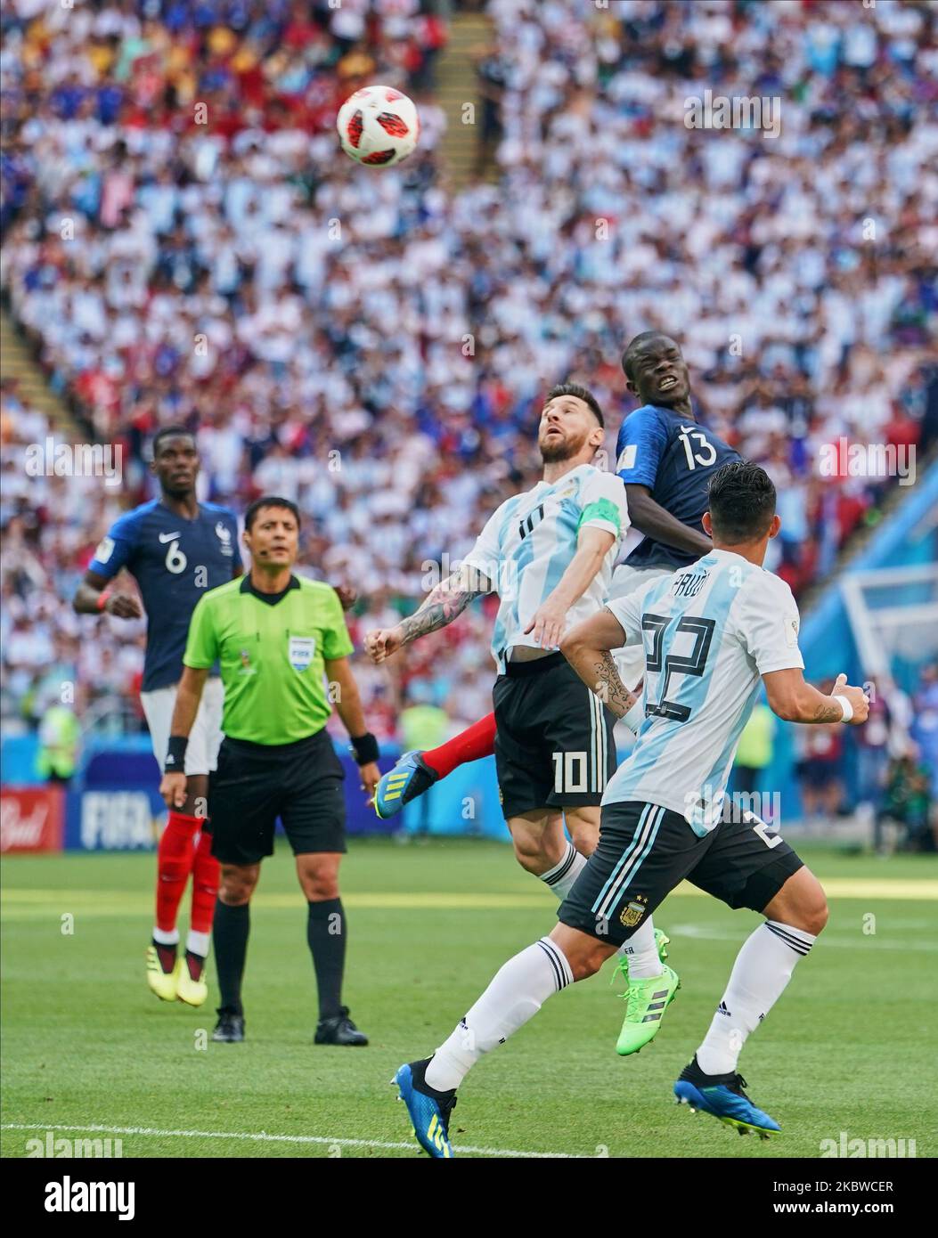 Lionel Messi of Argentina and Ngolo Kante of France heading the ball ...