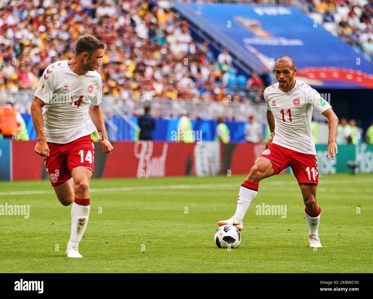 Martin Braithwaite of Denmark about to pass to Henrik Dalsgaard of ...