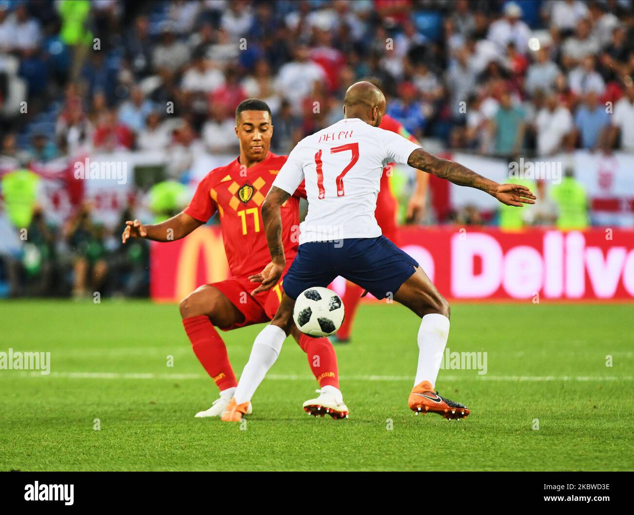 Youri Tielemans of Belgium going past Fabian Delph of England during ...