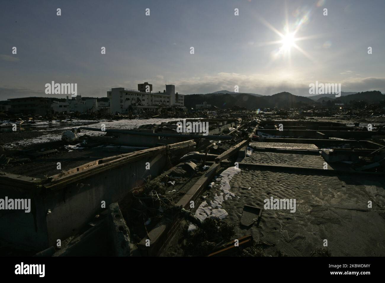 March 17, 2011-Sanriku Minami, Japan-View of Tsunami hit destroyed city ...