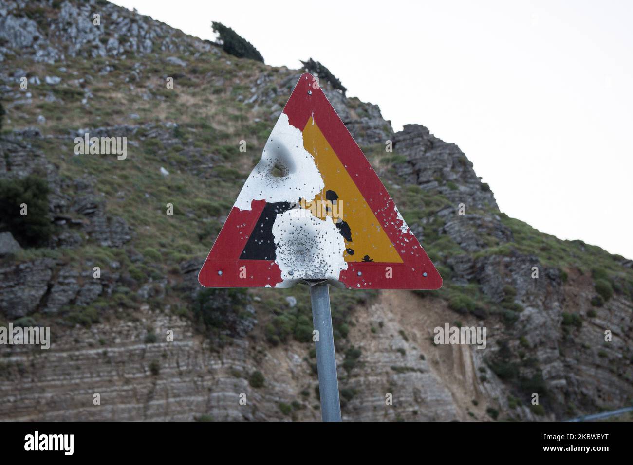 Shot road signs in Sfakia in Crete, Greece on July 30, 2020. In the ...