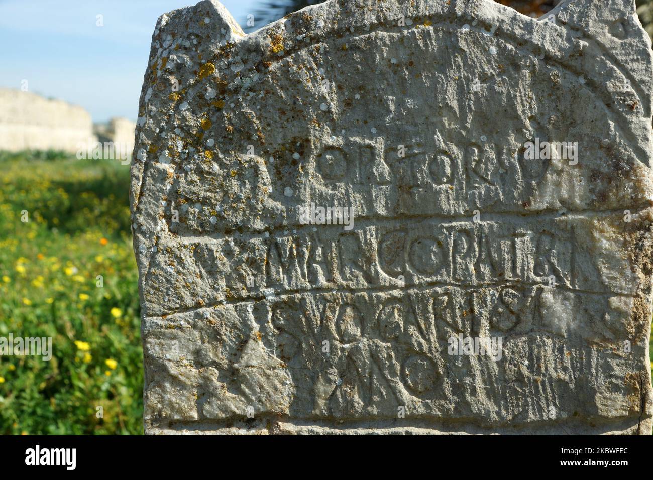 Inscriptions on a stone slab at the entrance to the archeological site ...