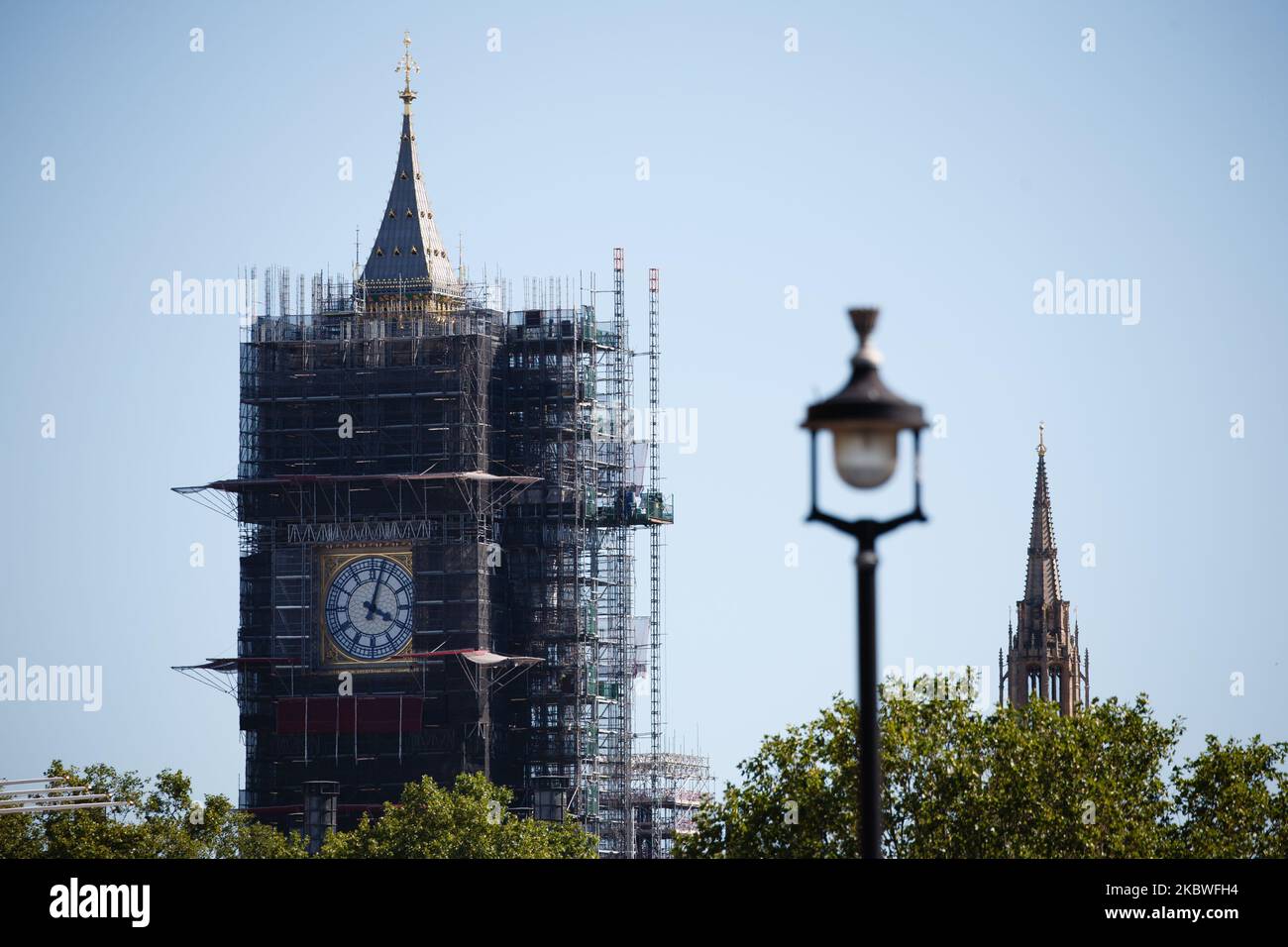 Scaffolding surrounds the under-renovation Elizabeth Tower, commonly ...