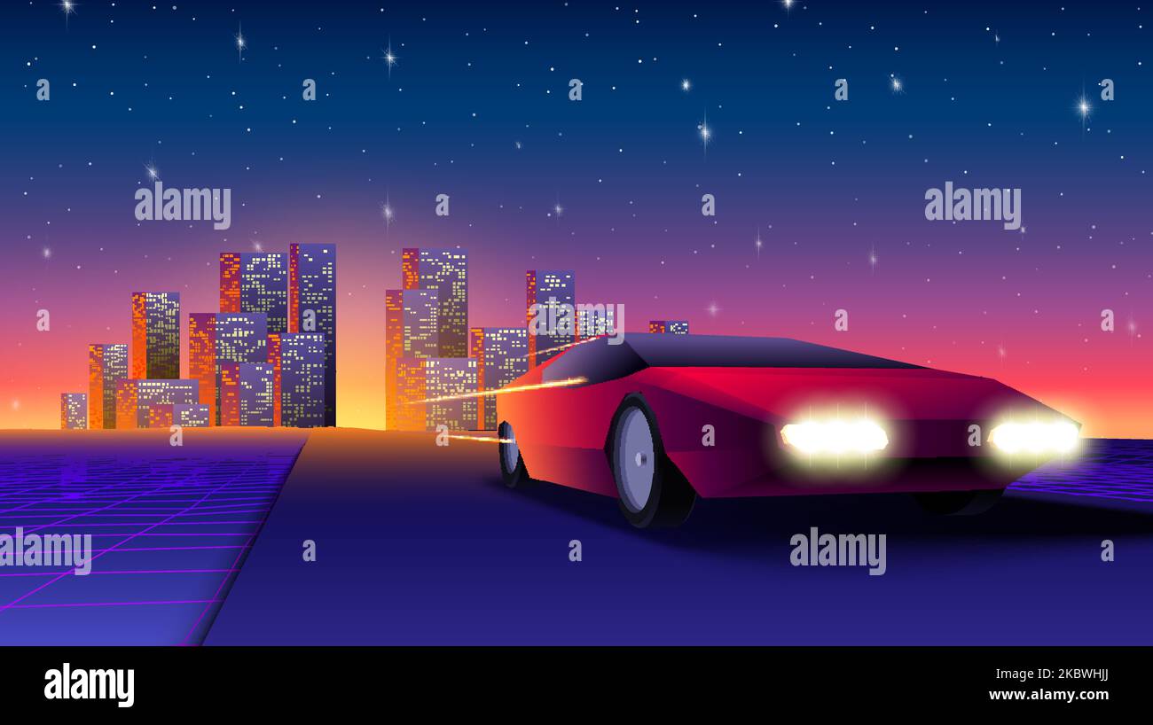 Red neon car in 80s synthwave style escaping from the city. Retrowave ...