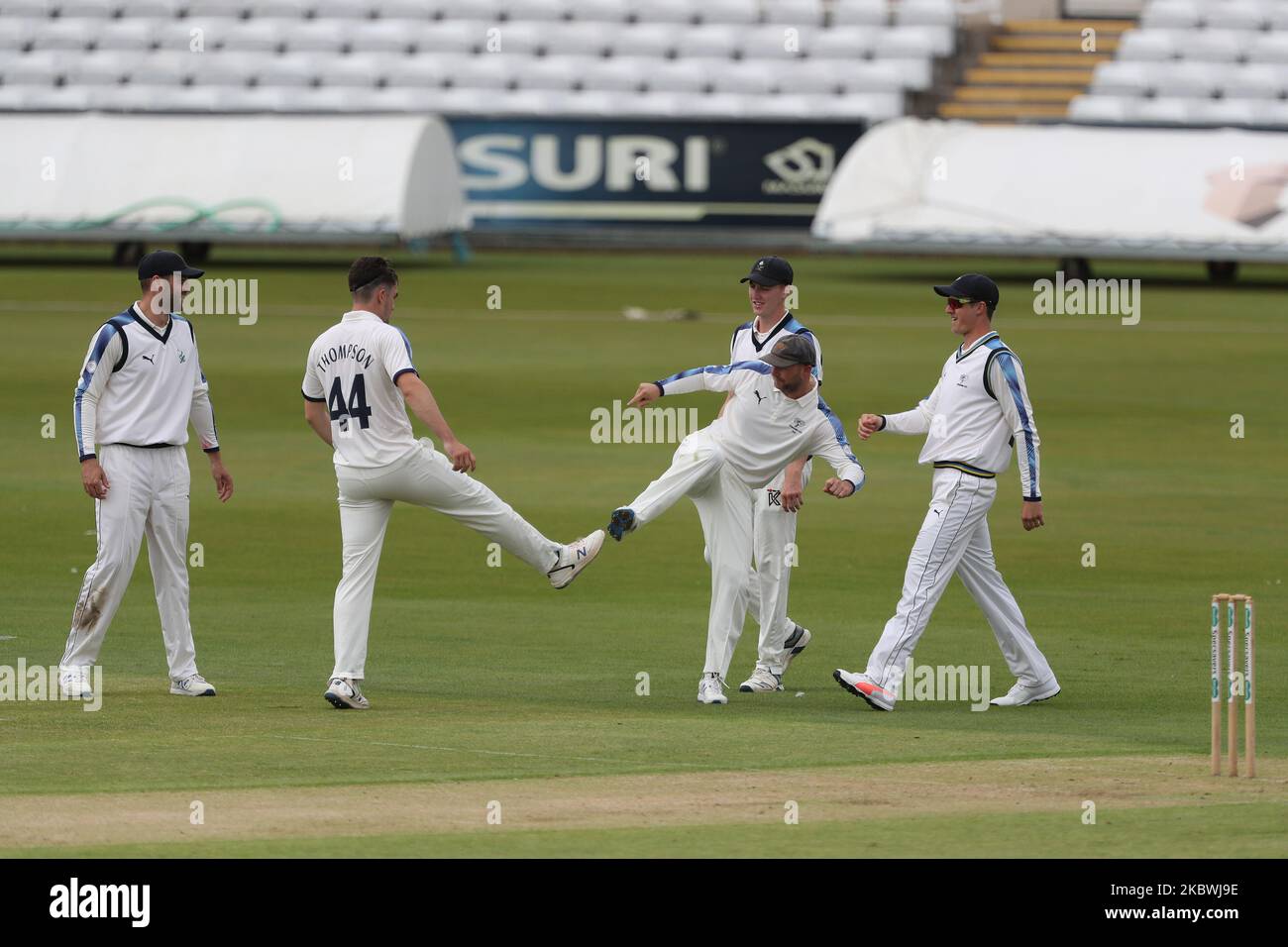 Jordan Thompson and Adam Lyth celebrate by touching feet after Thompson ...