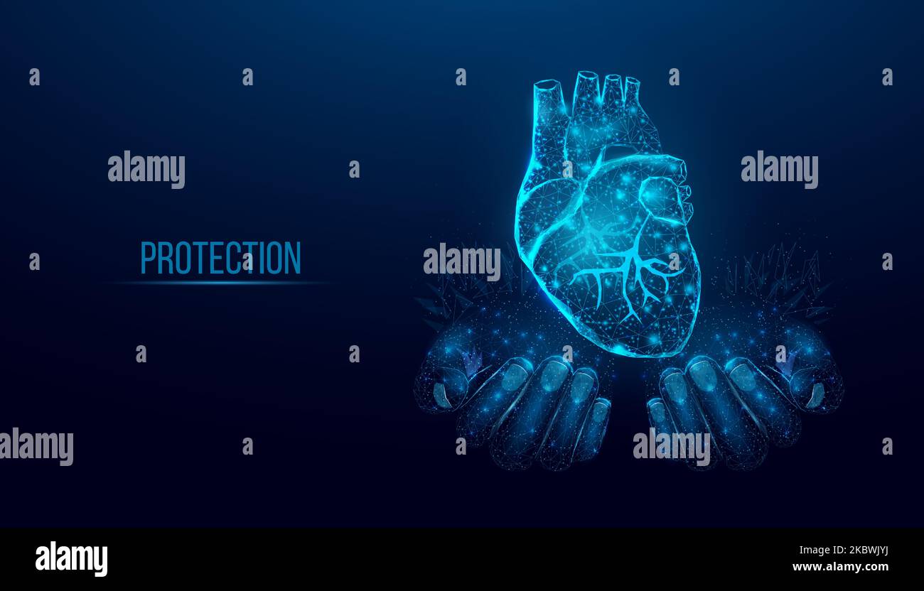 Two human hands are holds heart. Wireframe glowing low poly heart ...