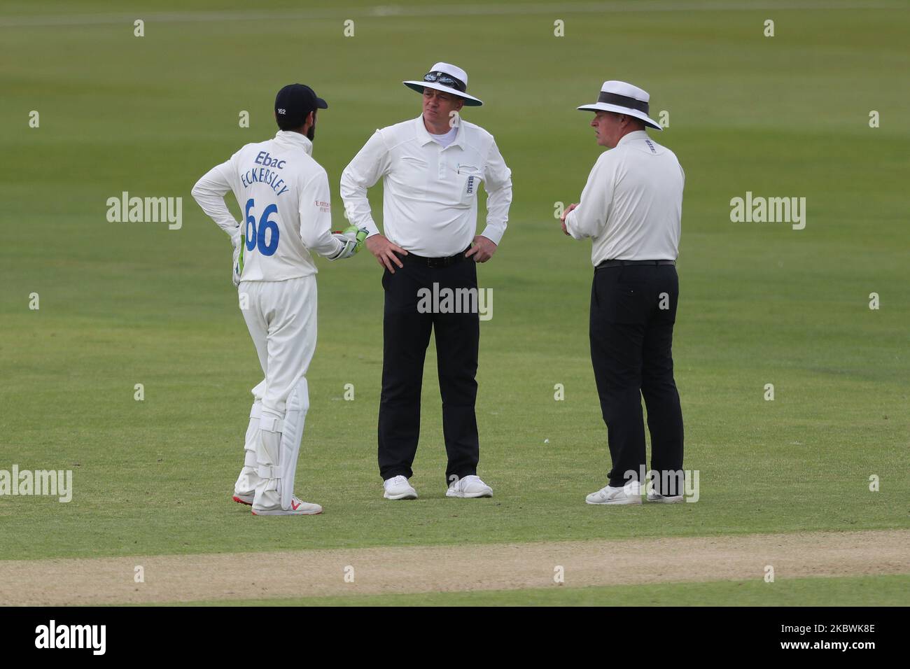 Ned Eckerlsey of Durham in conversation with umpires Neil Pratt and ...