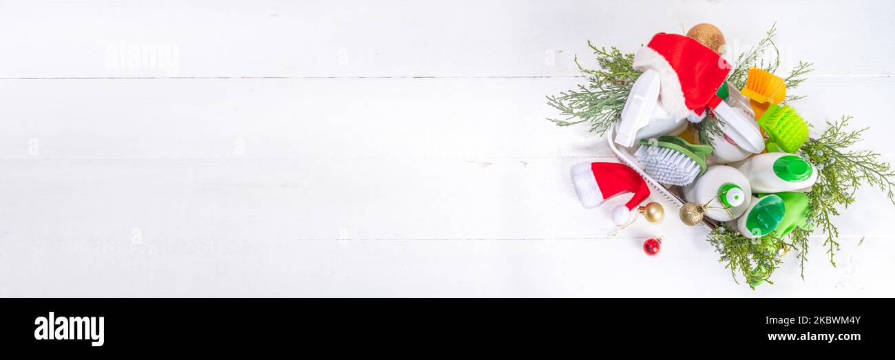 Christmas cleaning flatlay, advertising banner mockup for winter ...