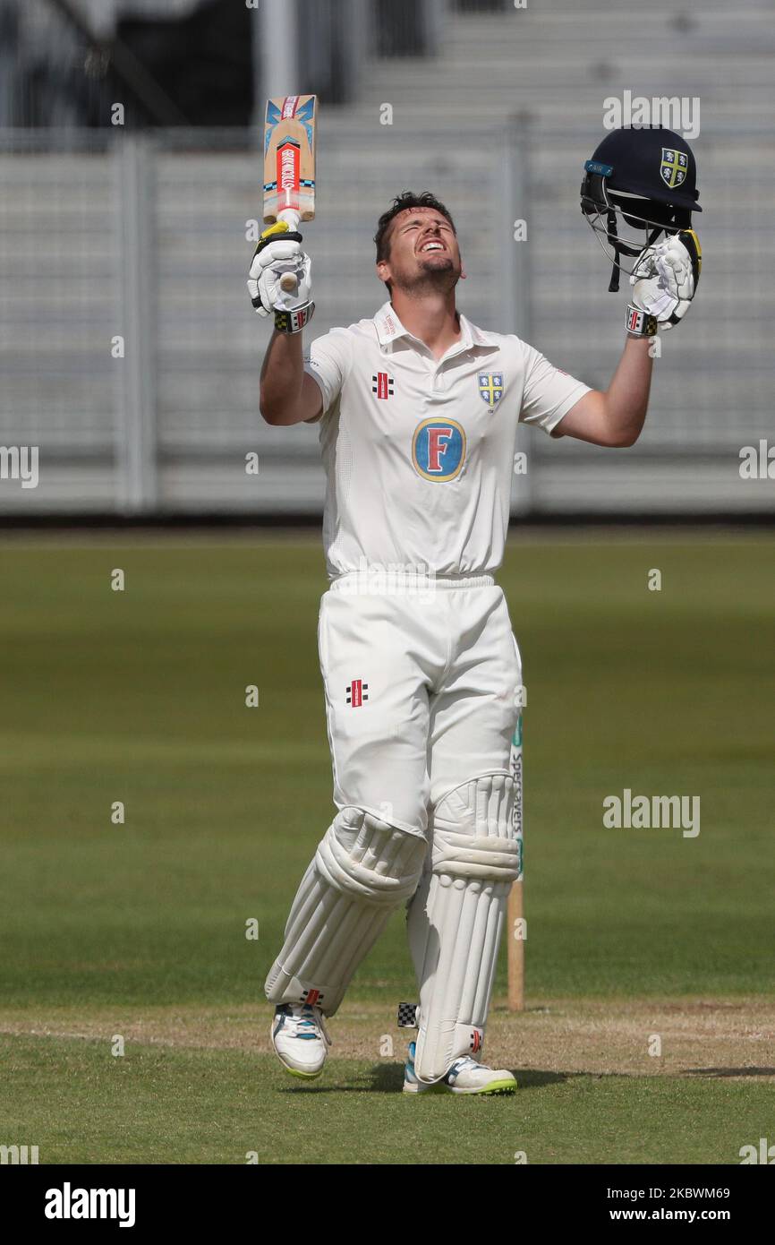 Alex Lees of Durham celebrates after scoring a hundred during The Bob ...