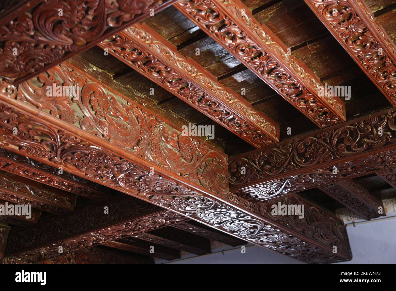 Detail of the woodwork adorning the ceiling in the Padmanabhapuram ...