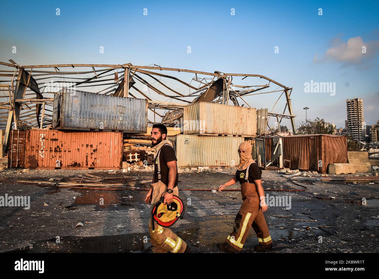 Firefighters at the port after the explosion on August 4, 2020 in ...