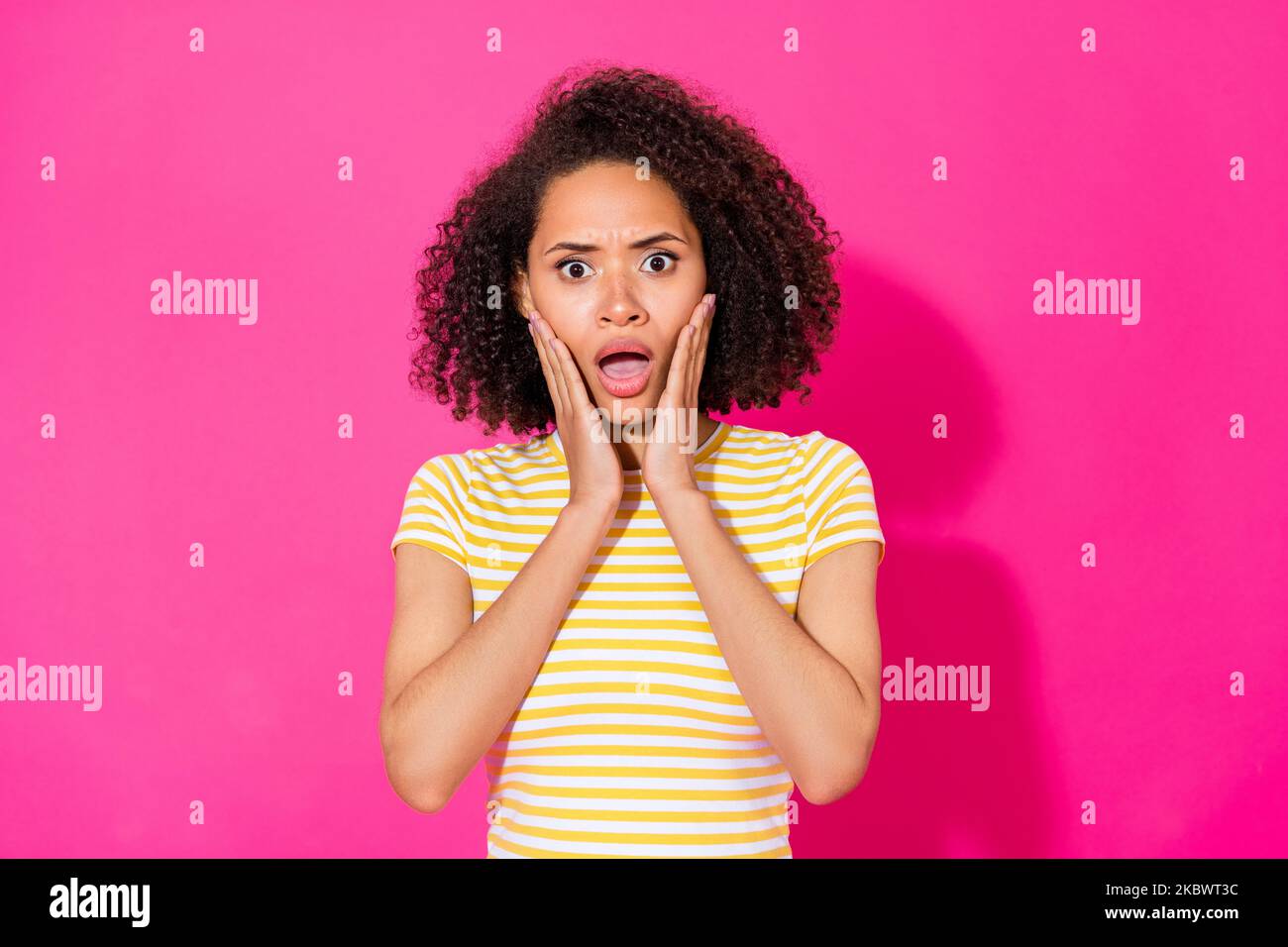 Portrait photo of young attractive adorable woman touch cheeks open ...