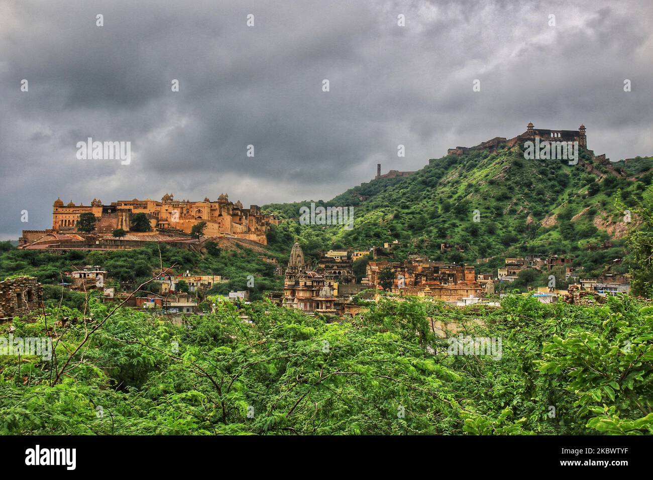 A view of the historic Amer Fort during a rainy day of the monsoon ...