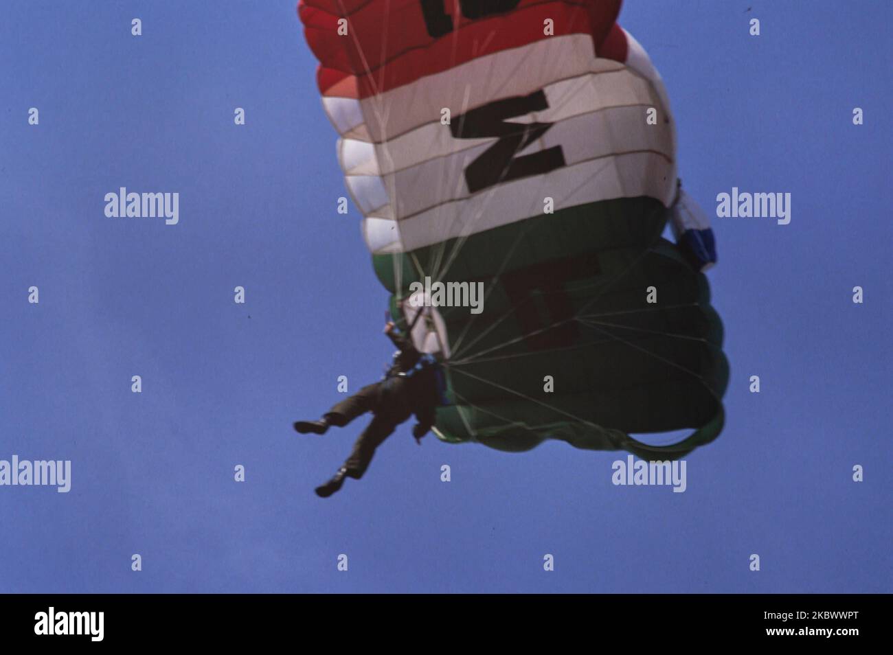 Fiumicino, Italy may 1979: Parachute in the sky scene in 70s Stock ...