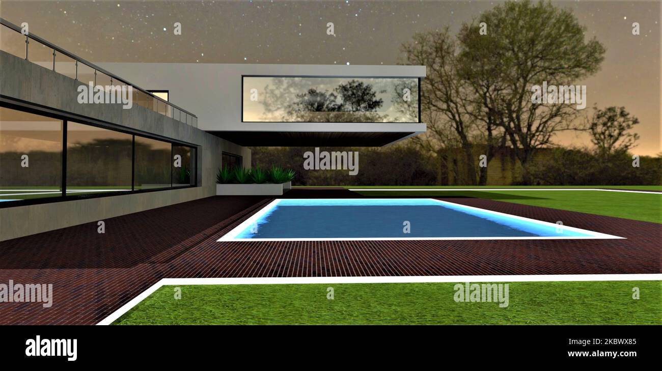 Swimming pool with night lighting. Brick pavement with illuminated ...