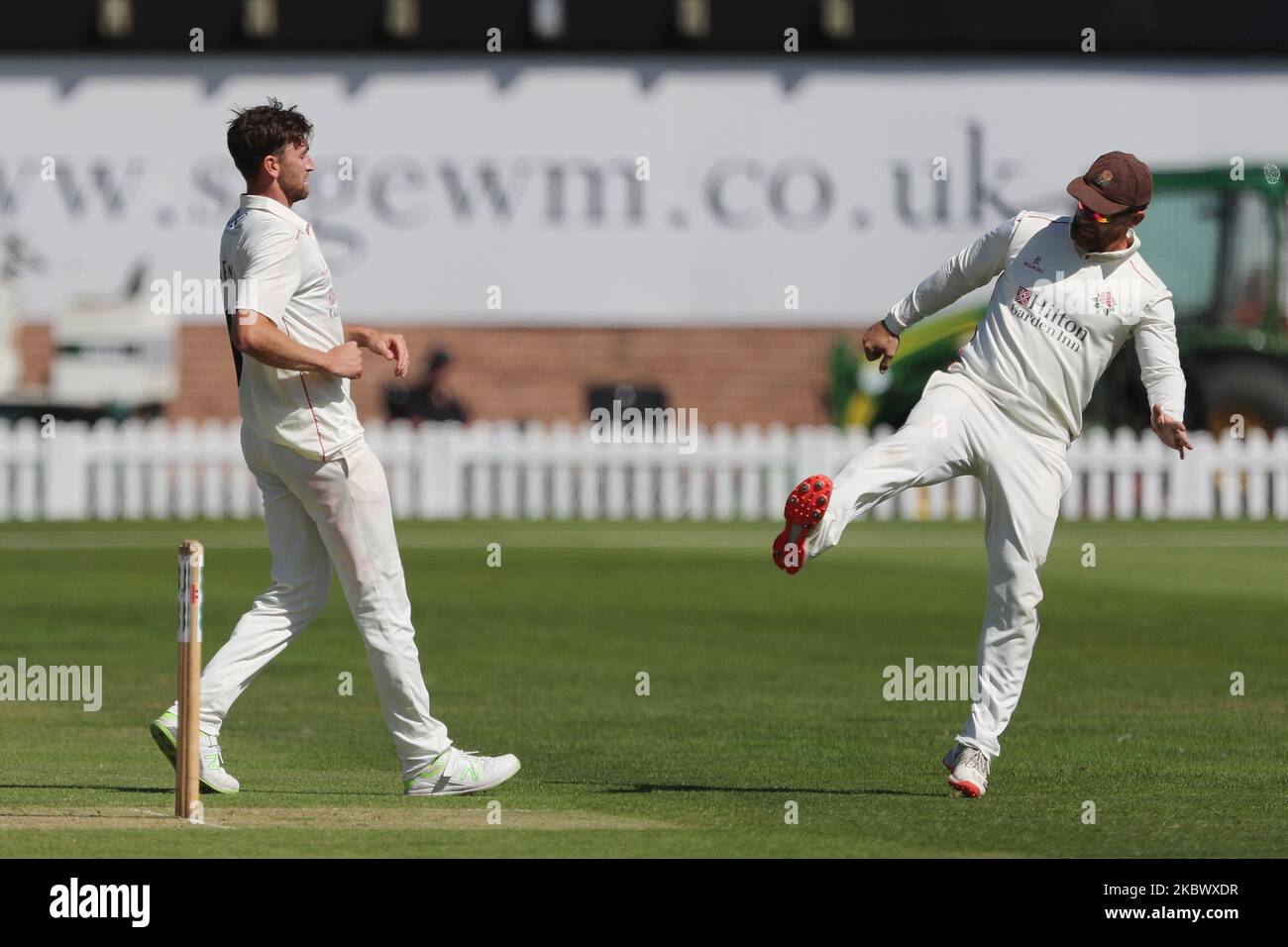 Richard Gleeson of Lancashire celebrates trappping Jack Burnham LBW ...