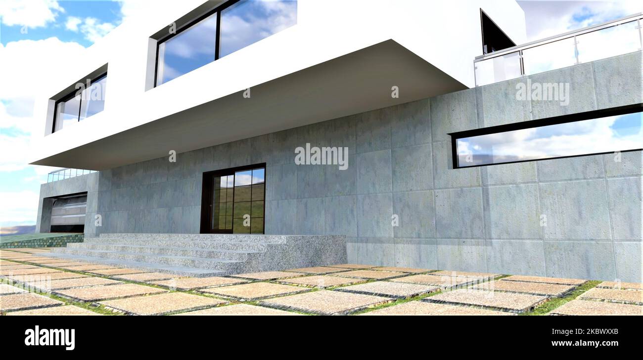 Concrete facade and steps of a suburban modern dwelling. Console second ...