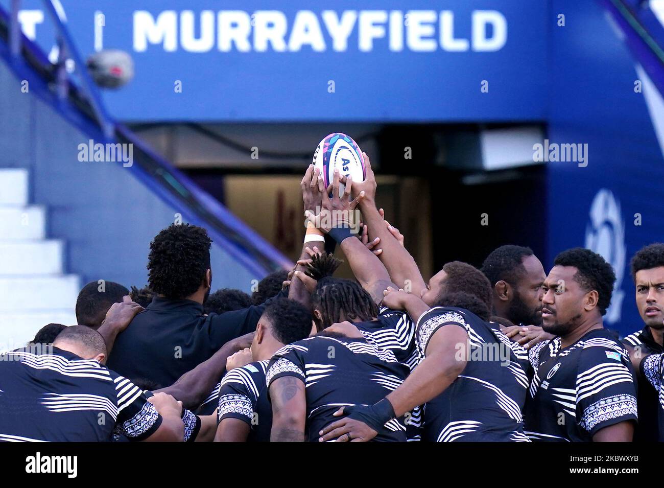 The Fiji players in a huddle during a captain's run at Murrayfield ...