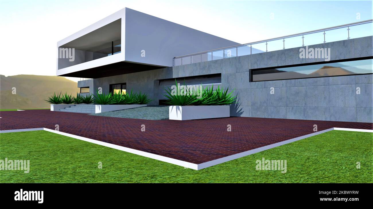 A red brick paving slab in front of the concrete porch of a stylish ...