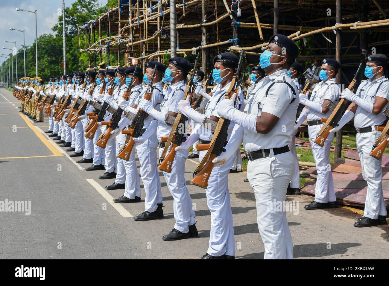 A team of Kolkata police in formation during the practice in Kolkata ...