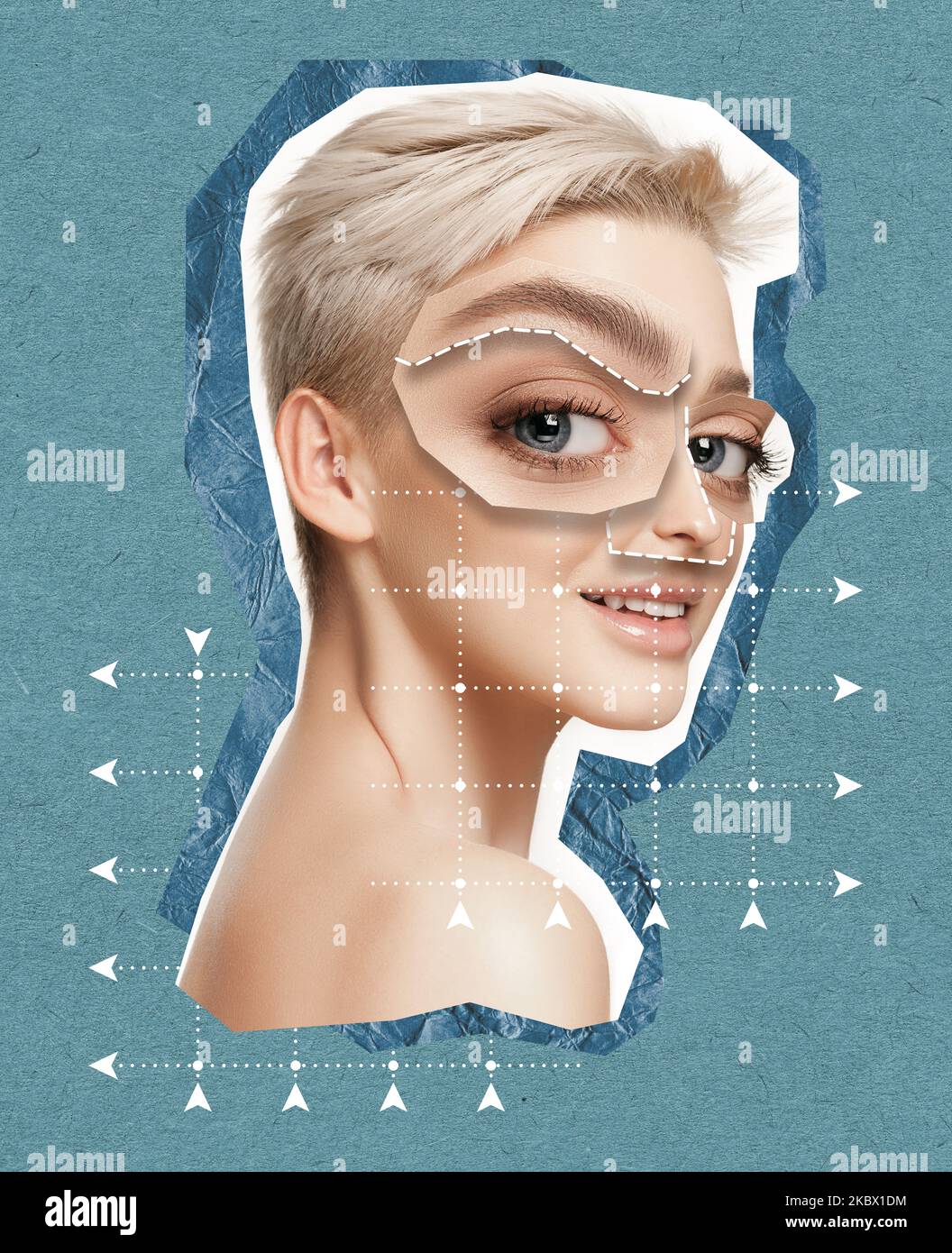 Contemporary art collage. Young woman with changes size of face parts ...