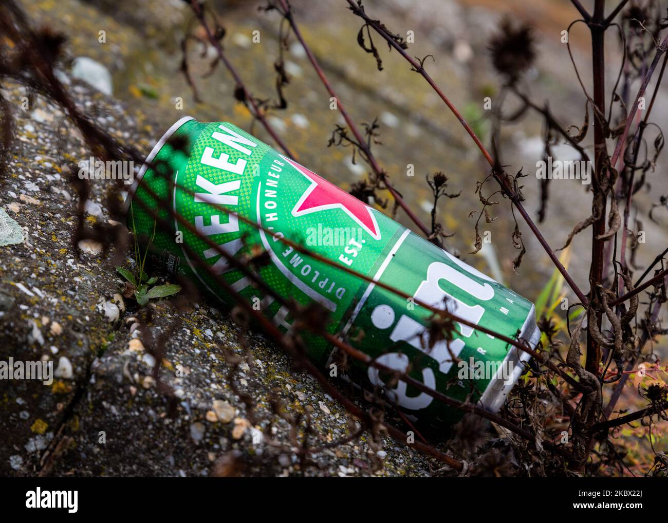 Belgrade, Serbia - November 02, 2022: Heineken beer can discarded in ...