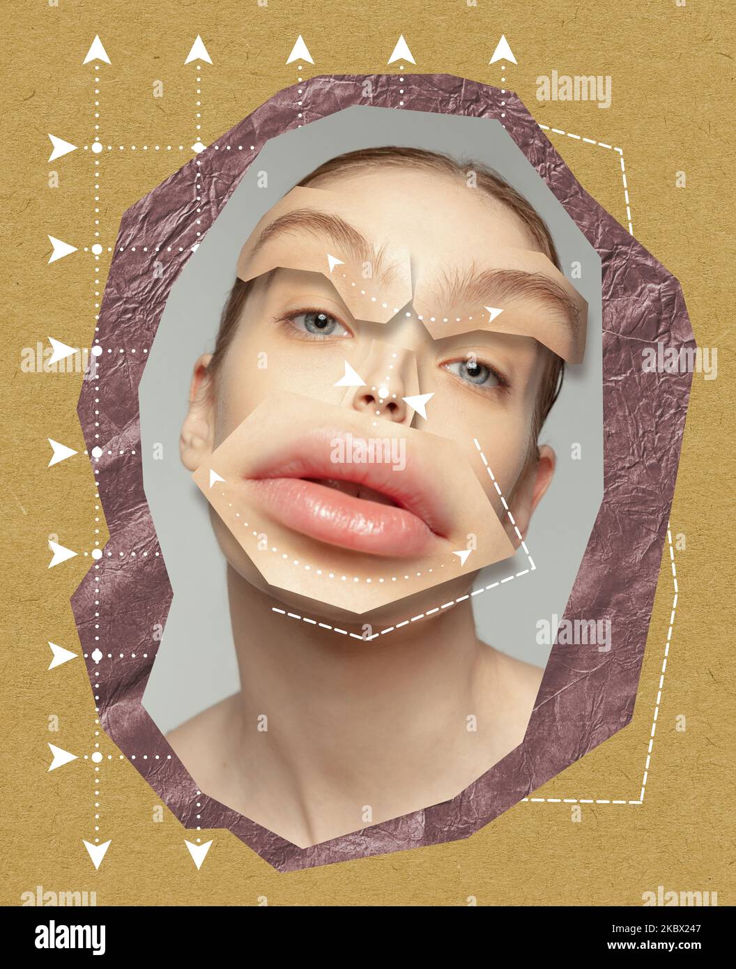 Contemporary art collage. Young woman with big brows and giant lips ...