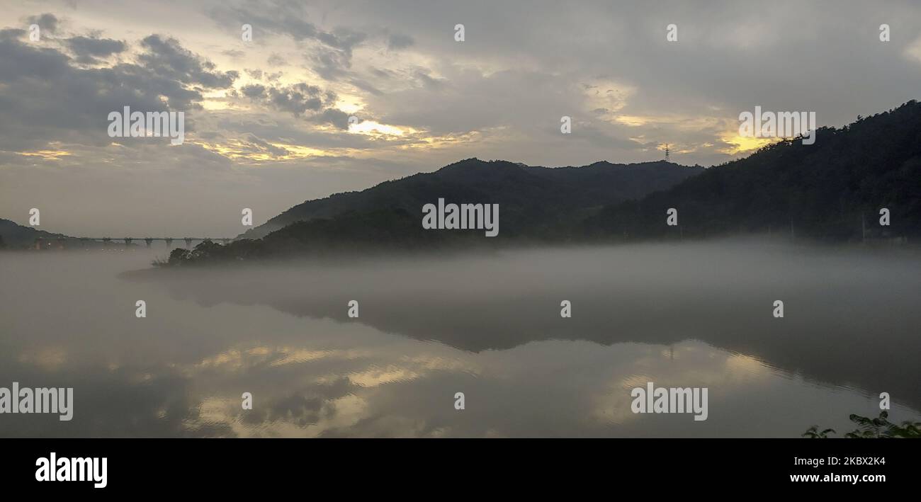 A View scene as sunset after heavy rain at lake near Andong-Dam in ...
