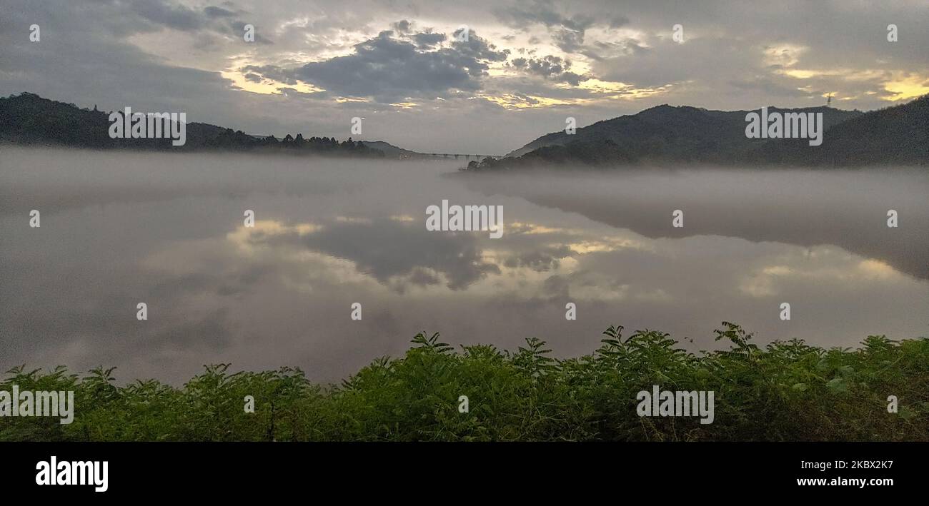 A View scene as sunset after heavy rain at lake near Andong-Dam in ...
