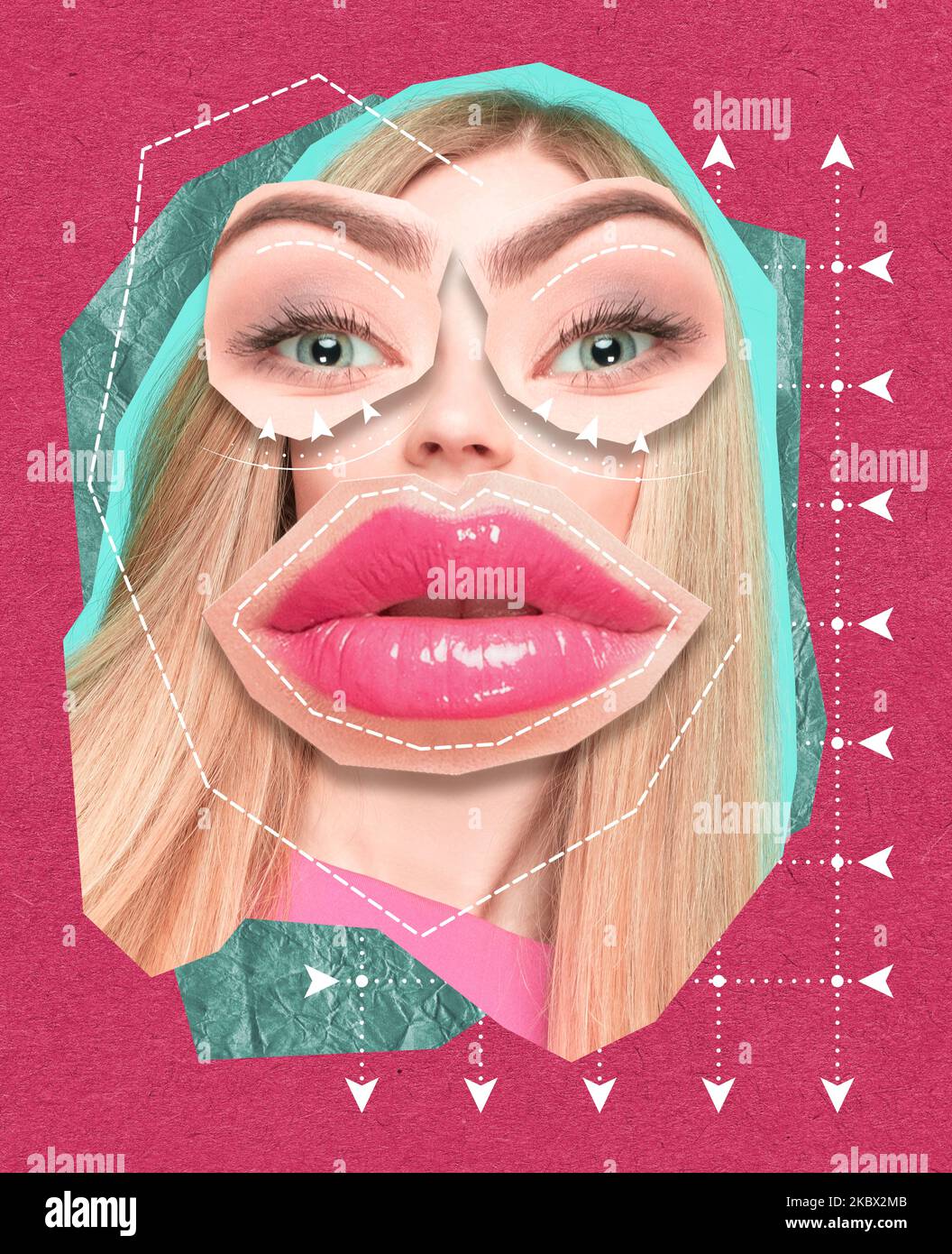 Contemporary art collage. Young woman drawn lines on face for plastic ...