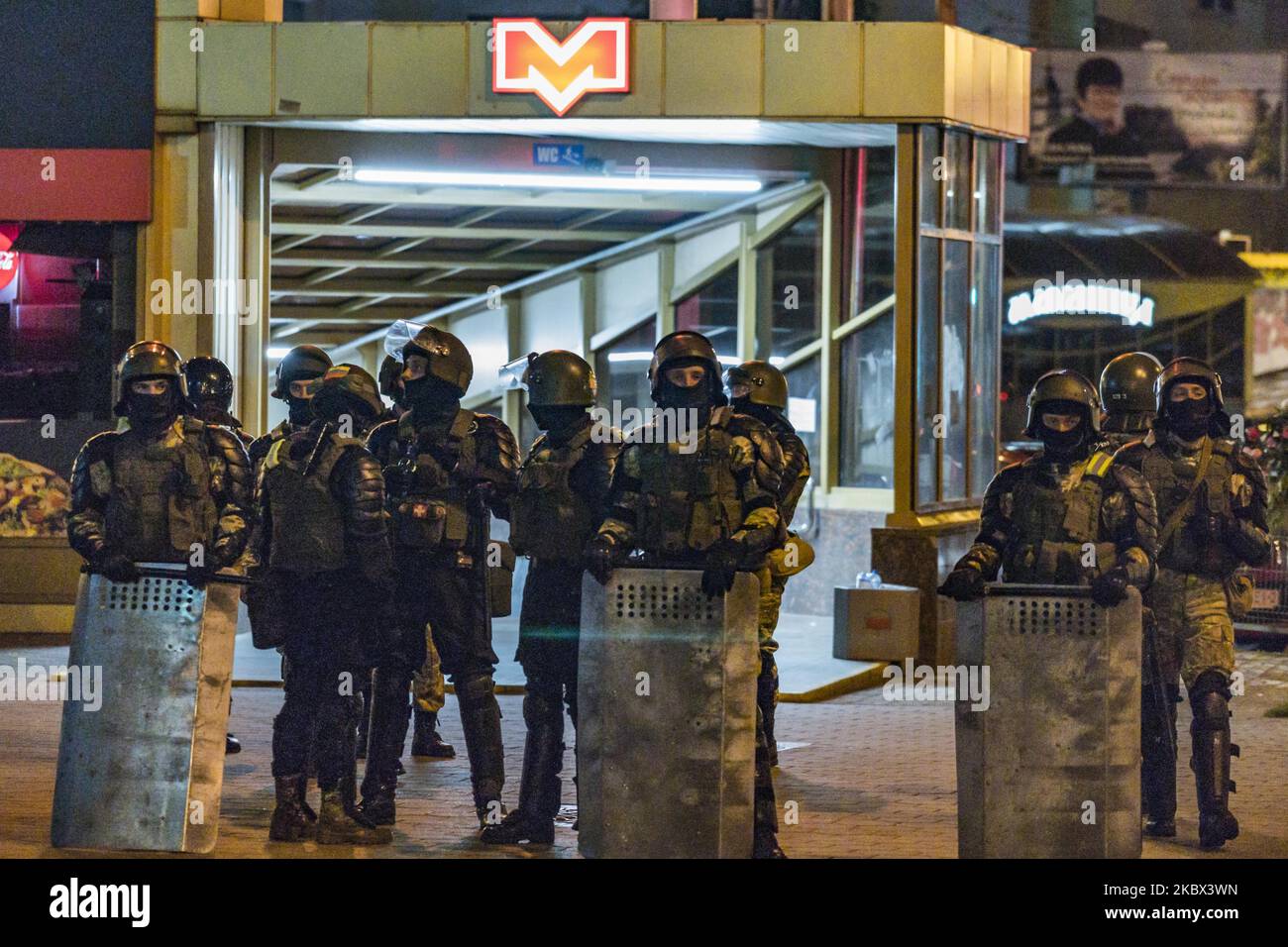 Militarized police guards the entrances of the metro in Minsk, Belarus ...