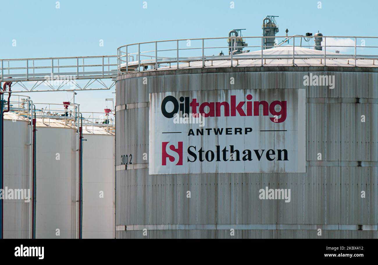 A storage tank from Oiltanking Antwerp located at the shore Stock Photo ...