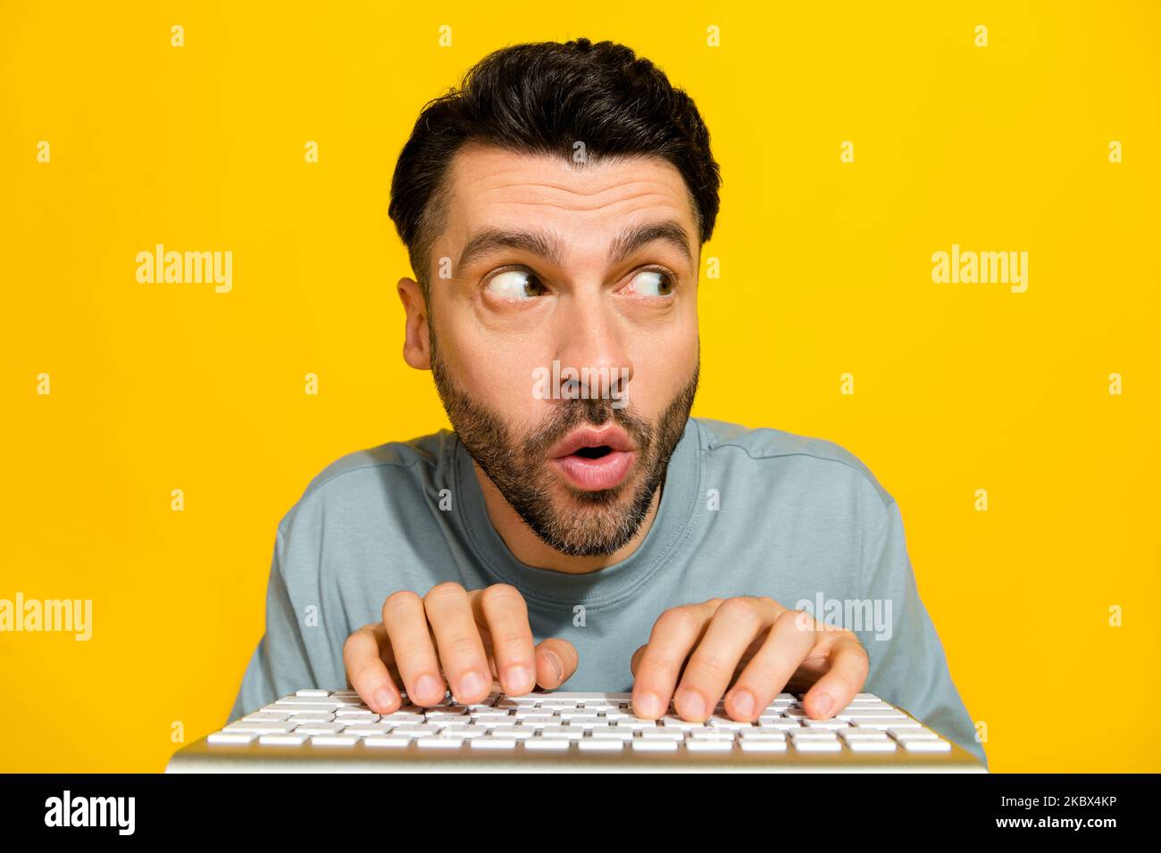 Closeup photo of young blogger programmer online learning look empty ...