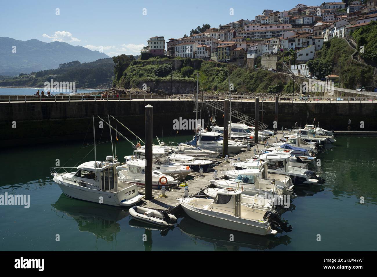 view of the port of Lastres in Asturias, Spain on August 14, 2020 ...