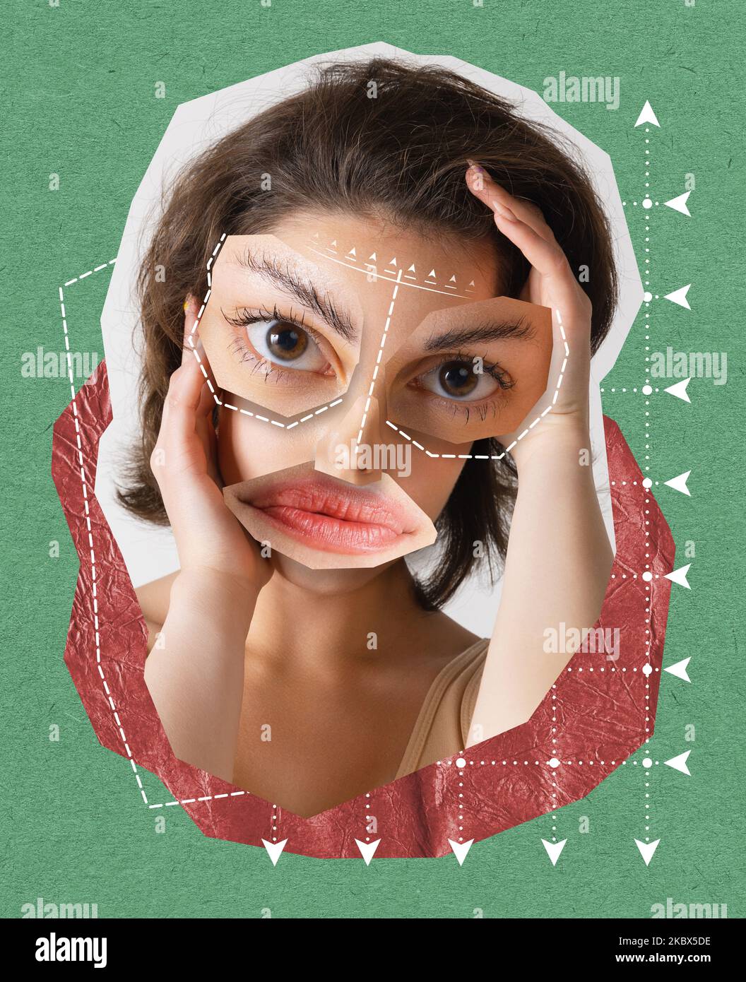 Contemporary art collage. Young woman doing plastic surgery on face to ...