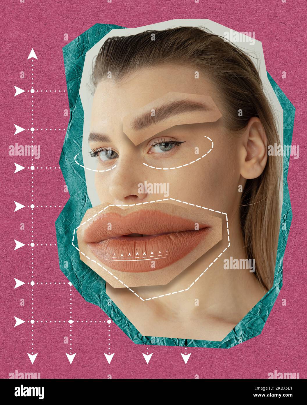 Contemporary art collage. Young woman with drawn lines on face for lip ...