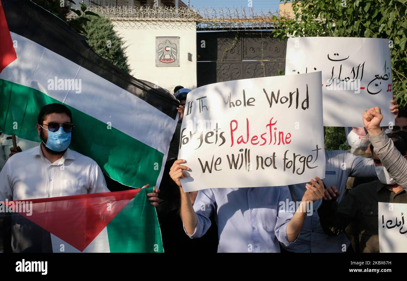 Iranian protesters hold placards and Palestinian flags during a protest ...