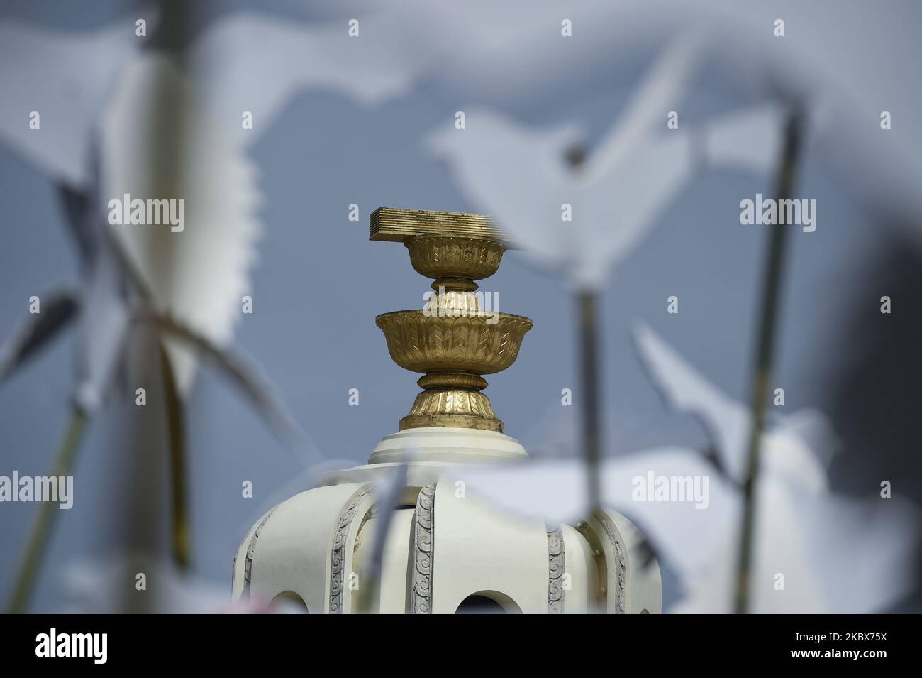 Anti-government protesters hold up white cut-outs of pigeons of peace ...