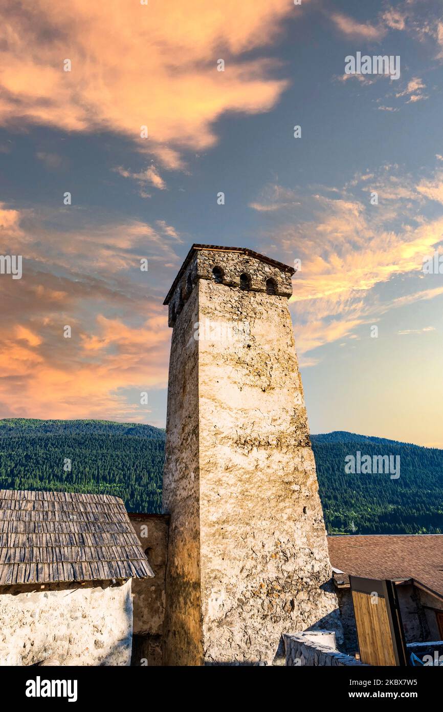 Svan tower in Mestia, Georgia. Traditional Svanetian tower architecture ...