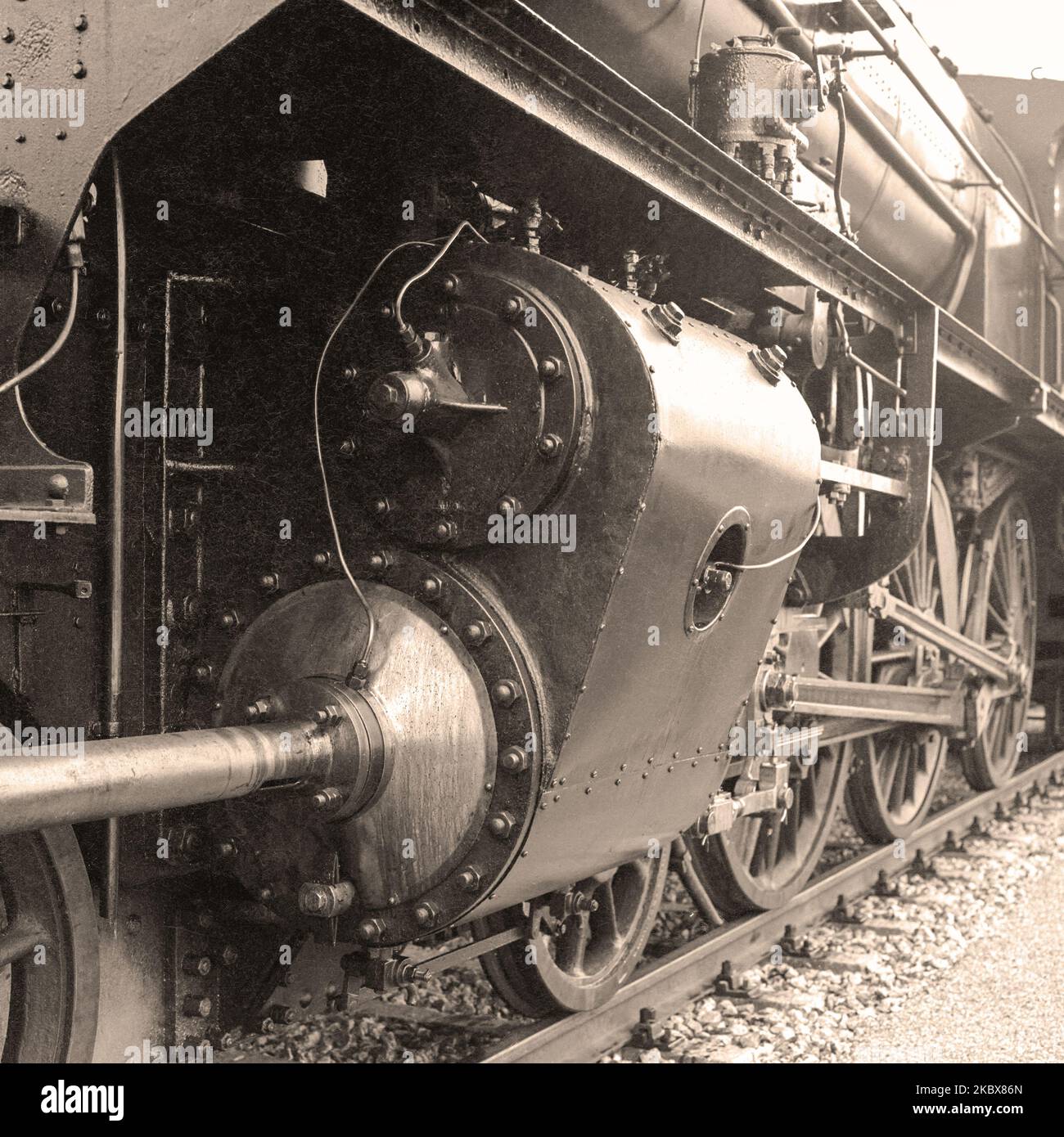 Detail of an old-fashioned steam locomotive in an austrian railway ...