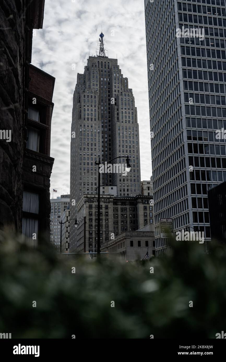 A vertical grayscale of the Greater Penobscot Building on the ...